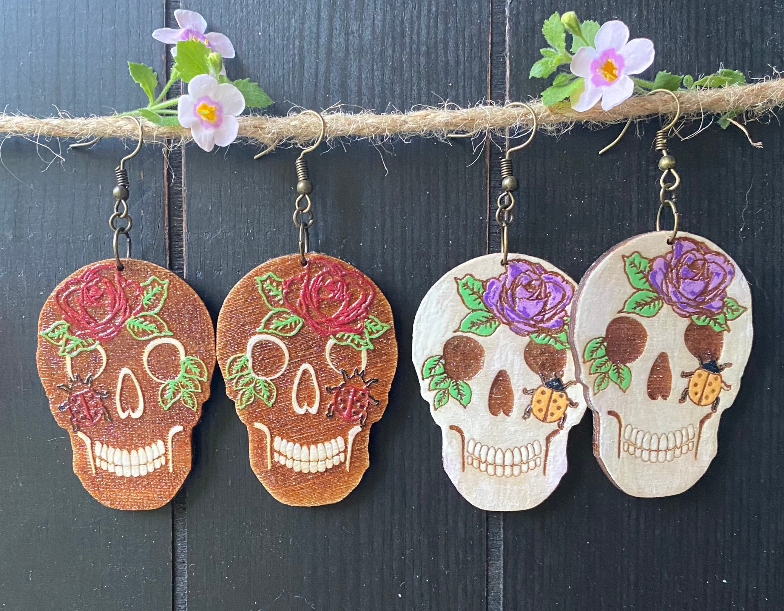 Rose & Ladybug Skull Earrings Svg for Lasers With Reverse - Etsy