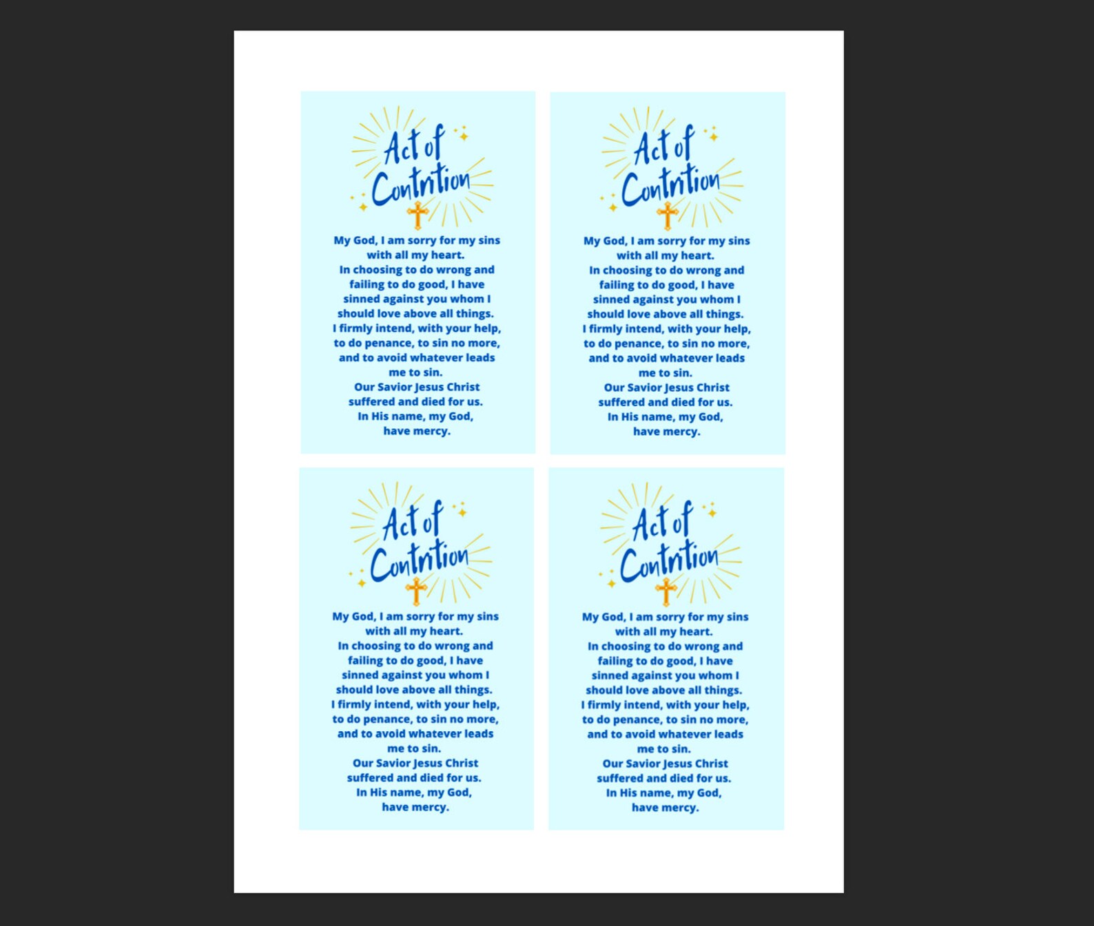Act of Contrition Prayer Card and Handout Basic Catholic | Etsy