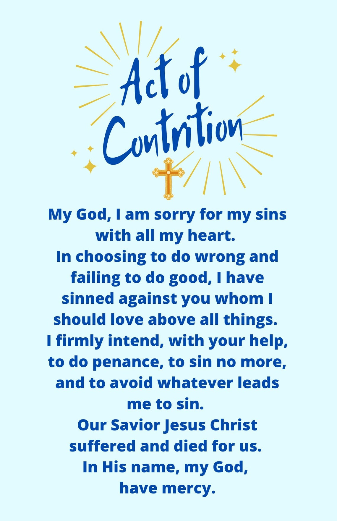 Act of Contrition Prayer Card and Handout Basic Catholic | Etsy