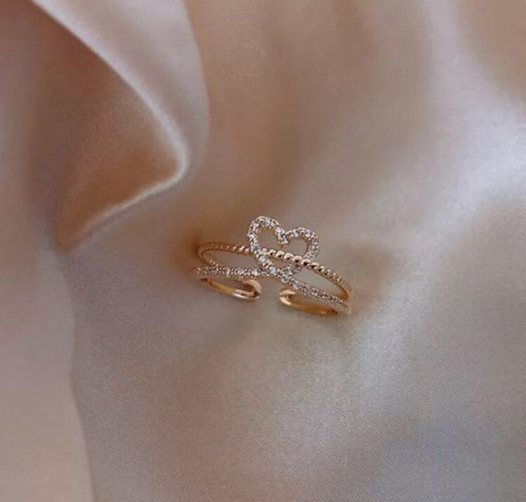 Gold Adjustable Ring With a Diamanté Heart, Gold Heart, Heart Ring ...