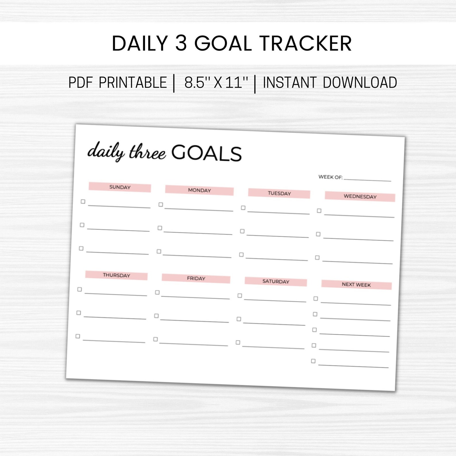 DAILY GOALS Tracker Printable- Weekly Goals Tracker Printable, Daily 3 ...