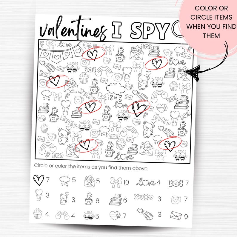 Valentines Worksheet, I Spy Printable, Seek and Find, Valentine Games ...
