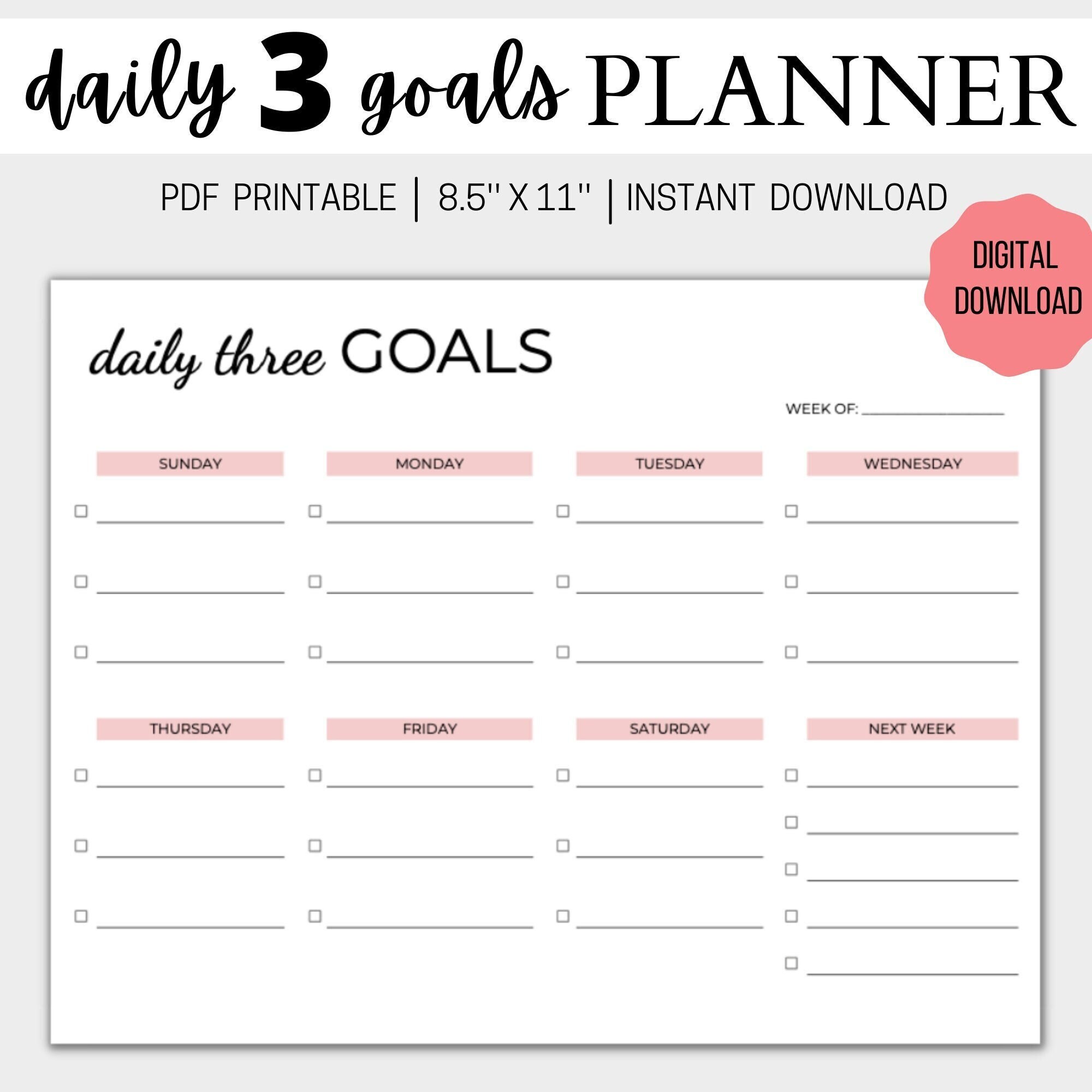 DAILY GOALS Tracker Printable- Weekly Goals Tracker Printable, Daily 3 ...