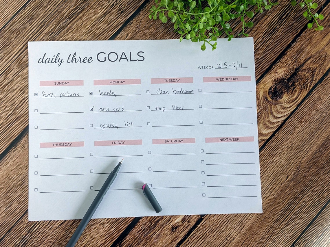 DAILY GOALS Tracker Printable- Weekly Goals Tracker Printable, Daily 3 ...