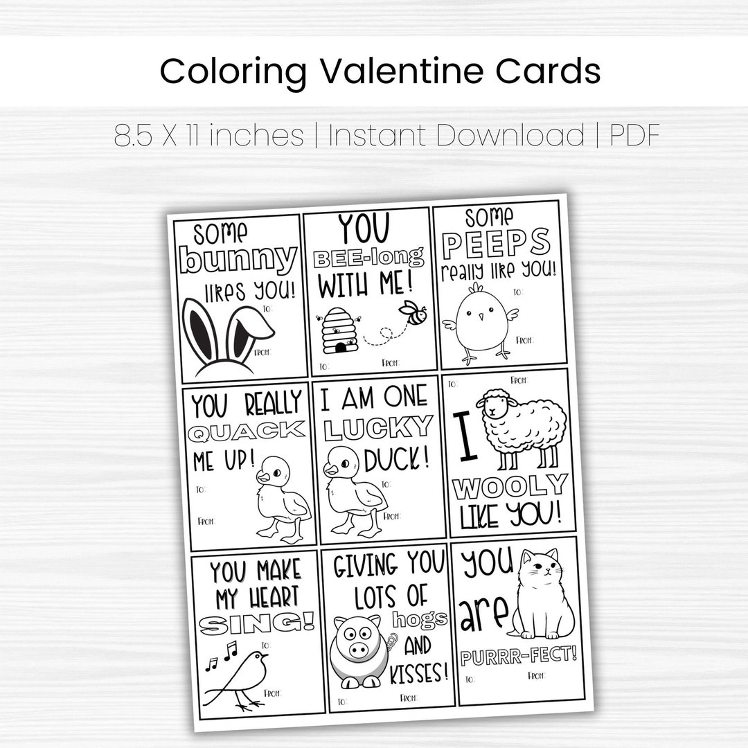 Coloring Valentines Day Cards for Classmate Set of 9 Classroom ...