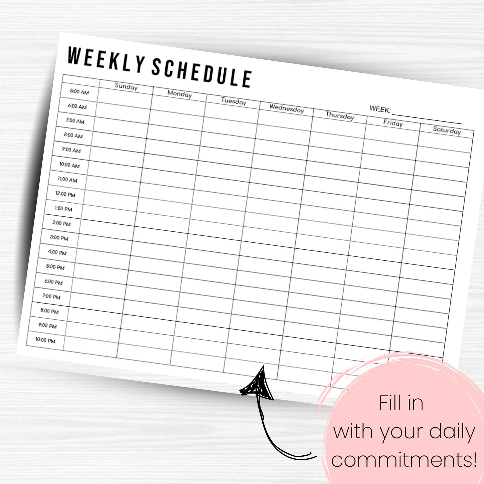 Week at a Glance Printable Template - Hour WEEKLY Schedule - Printable ...