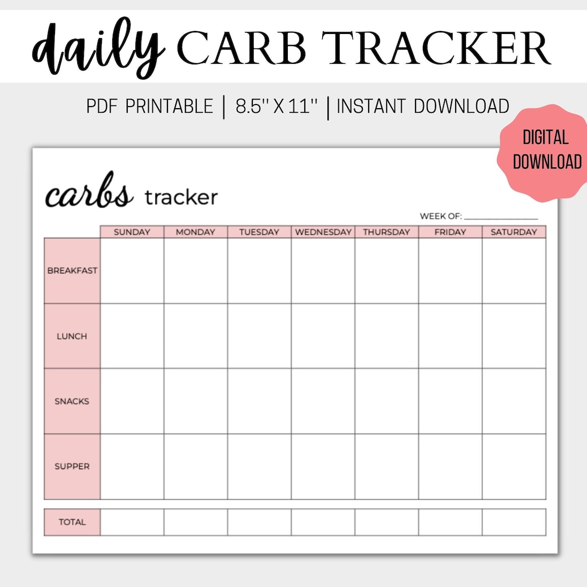 Food Journal Printable Daily Food Log Carb Tracker Low Carb Keto Meal ...