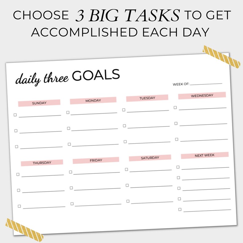 DAILY GOALS Tracker Printable- Weekly Goals Tracker Printable, Daily 3 ...