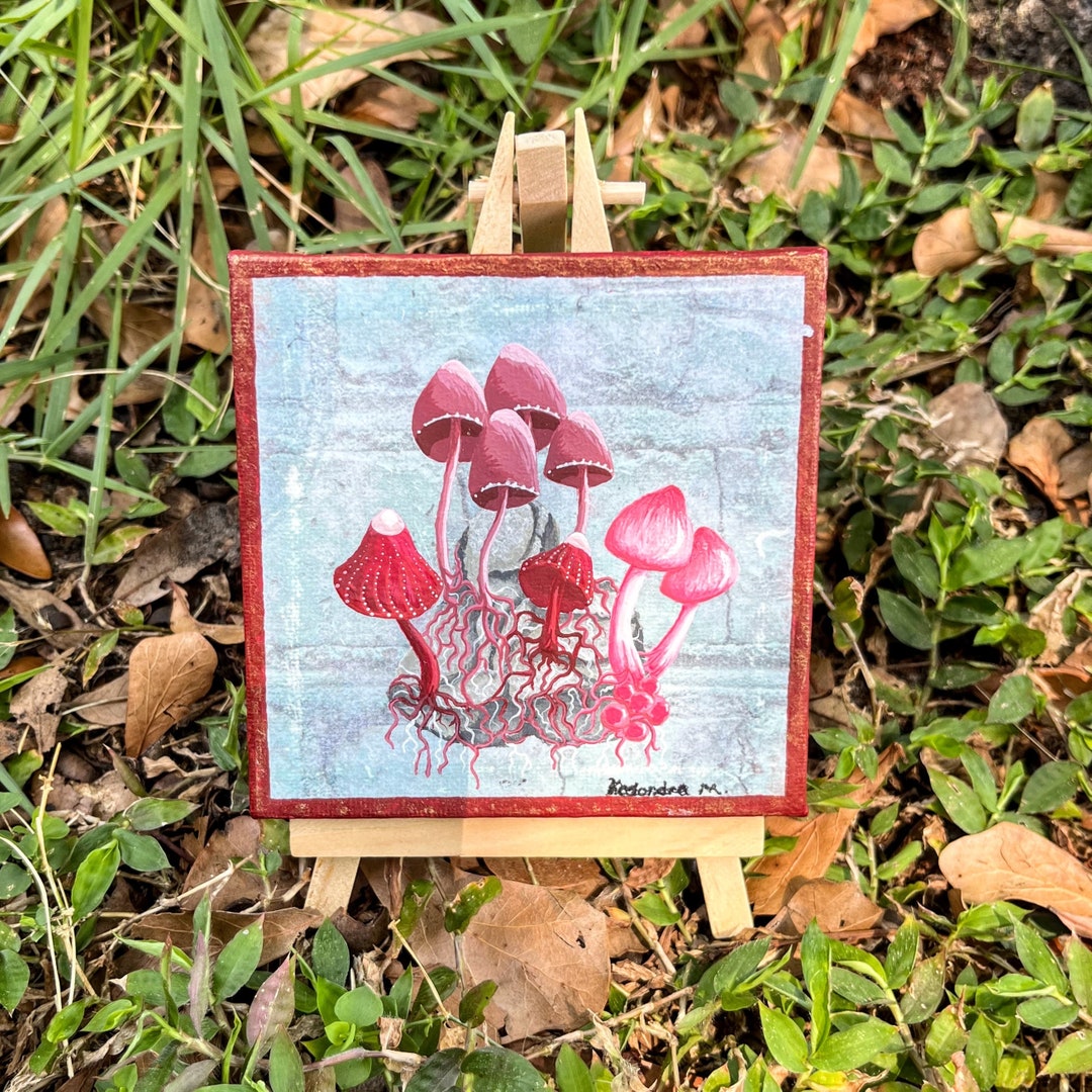Pintura de hongos rojos y rosados, arte de hongos, hongos de otro mundo ...