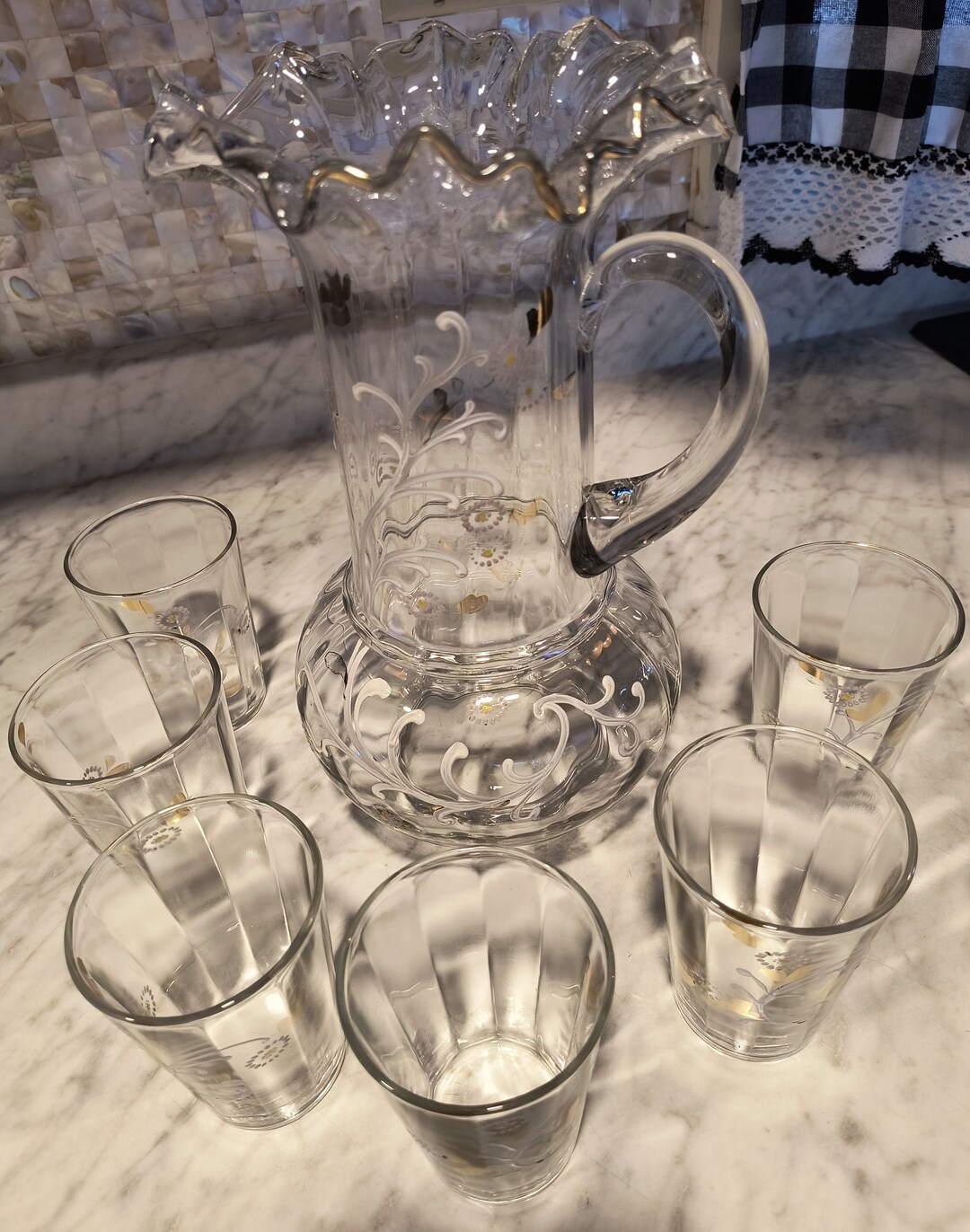 RARE Victorian Era Glass Pitcher With Ruffled Top Rim Hand Painted ...
