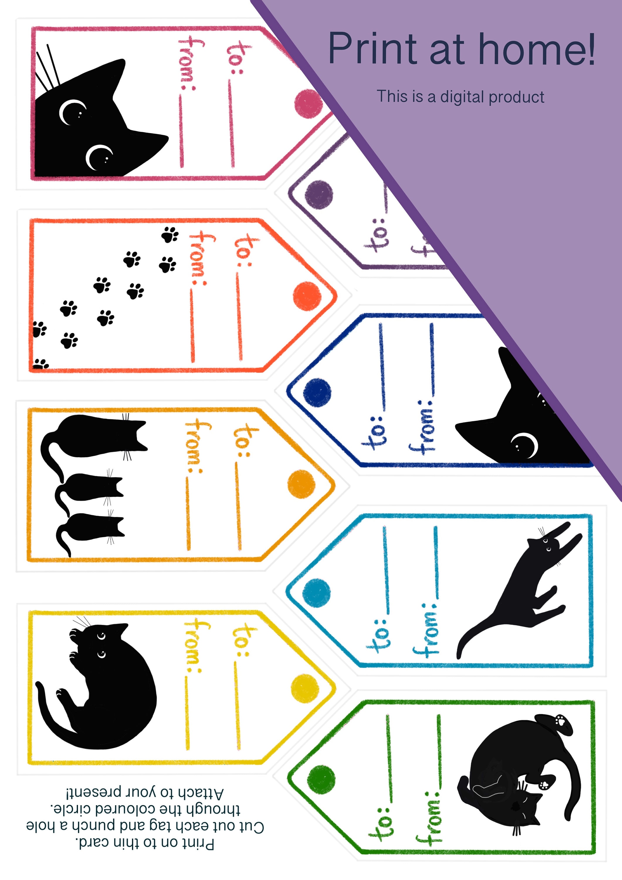 Printable Black Cat Gift Tags - 8 Colours and Designs - Instant ...