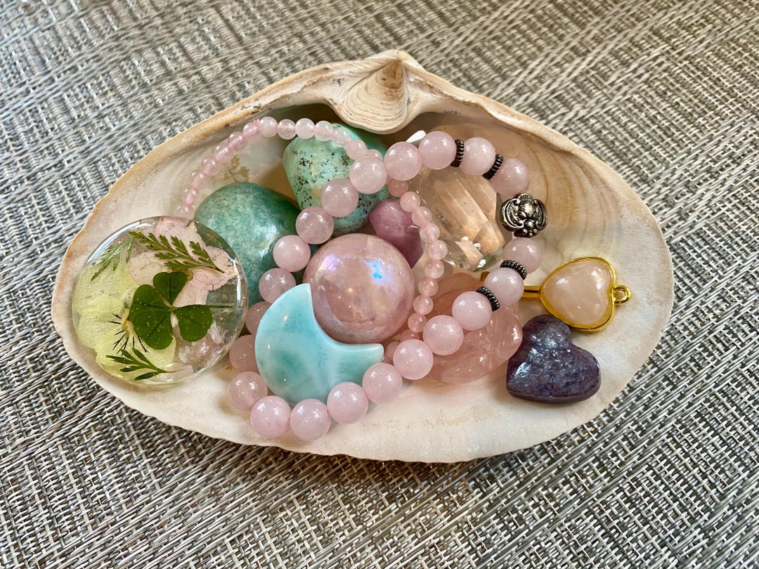 Love and Romance Set.four Leaf Clover Coin. Clam Shell.clear Quartz.larimar.rose Quartz.gem ...