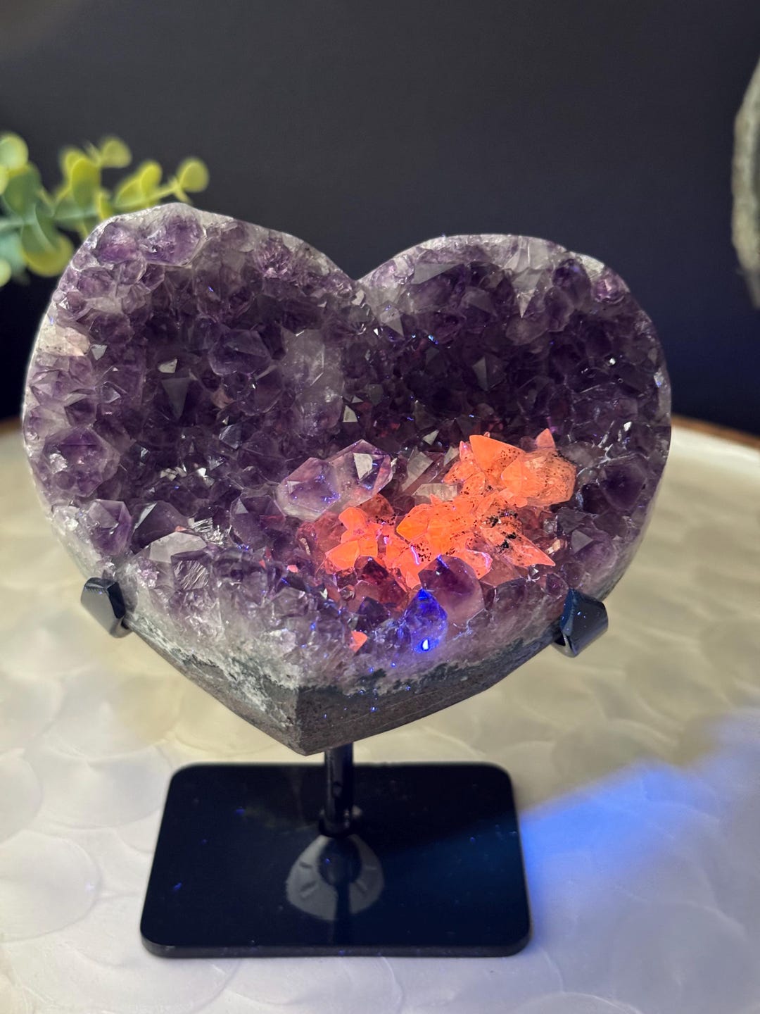 Amethyst Heart With Pink Uv Reactive Calcite on Stand Gemmy Amethyst ...