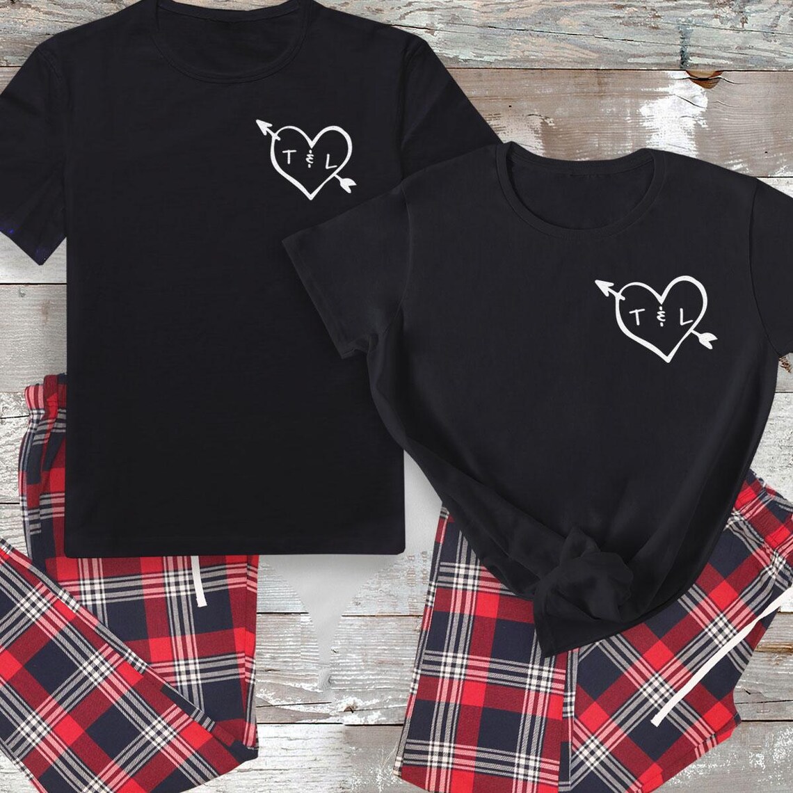 PERSONALISED Initial Hearts - Couples Pyjama Set, Couple Matching ...