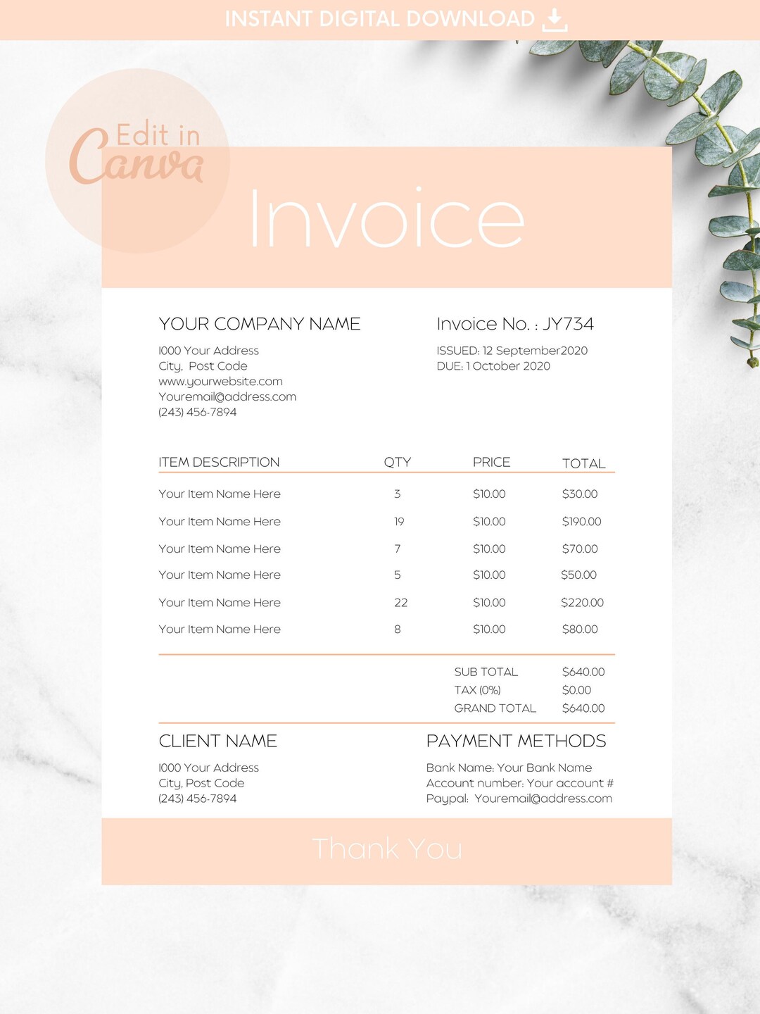 Invoice Template Printable Invoice Editable Invoice Instant - Etsy