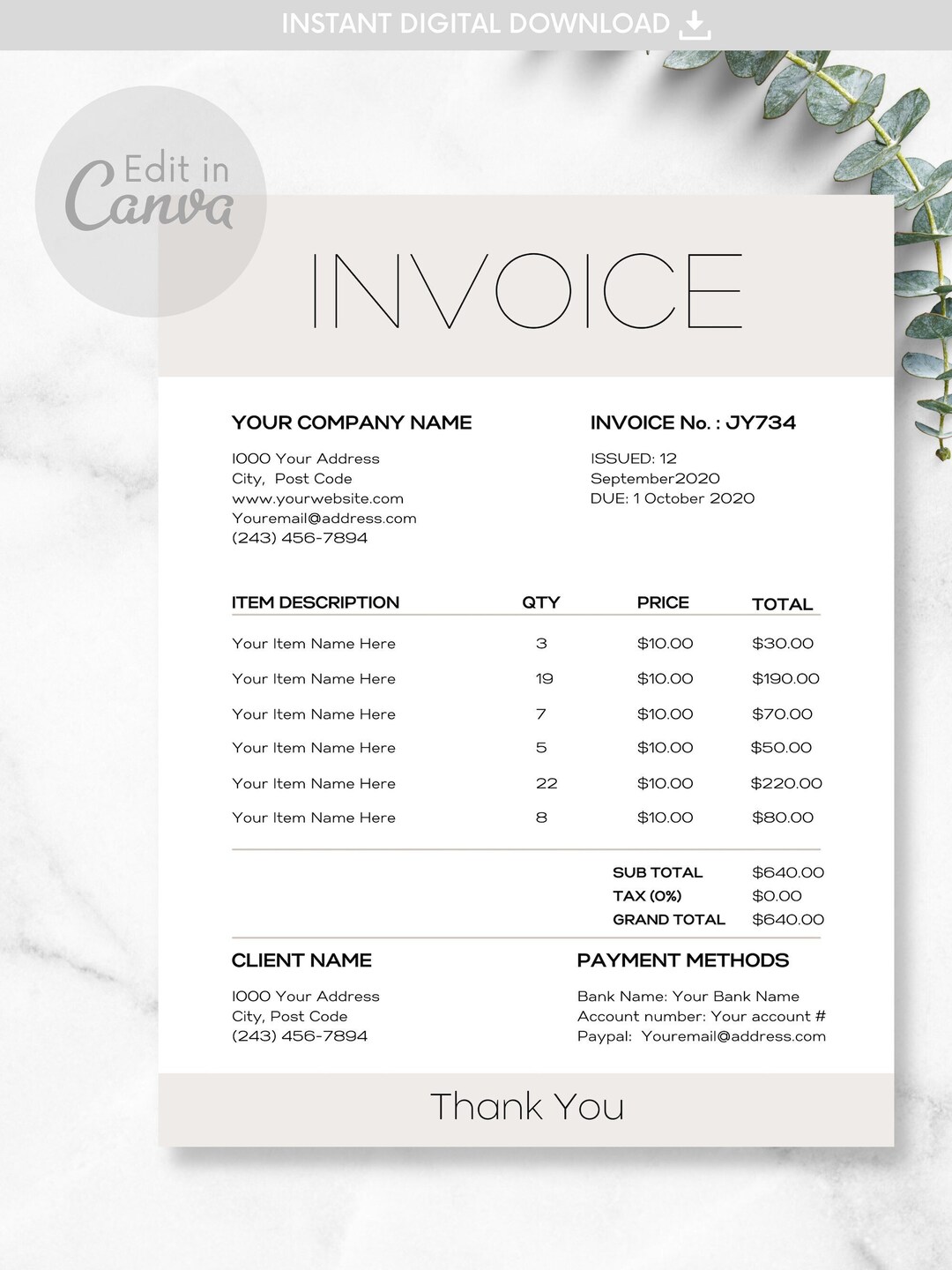 Invoice Template Printable Invoice Editable Invoice Instant - Etsy
