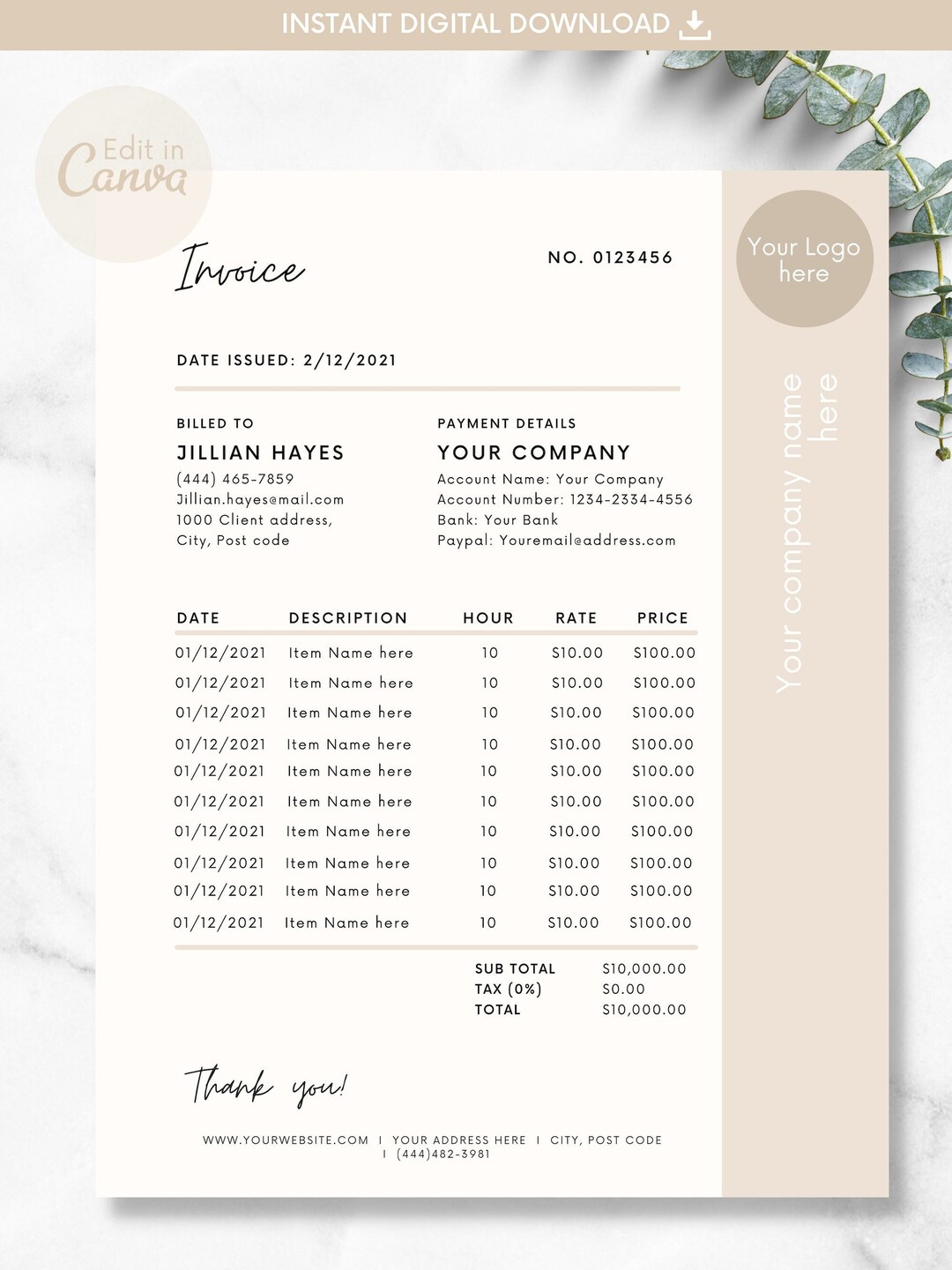 Invoice Template Printable Invoice Editable Invoice Instant - Etsy