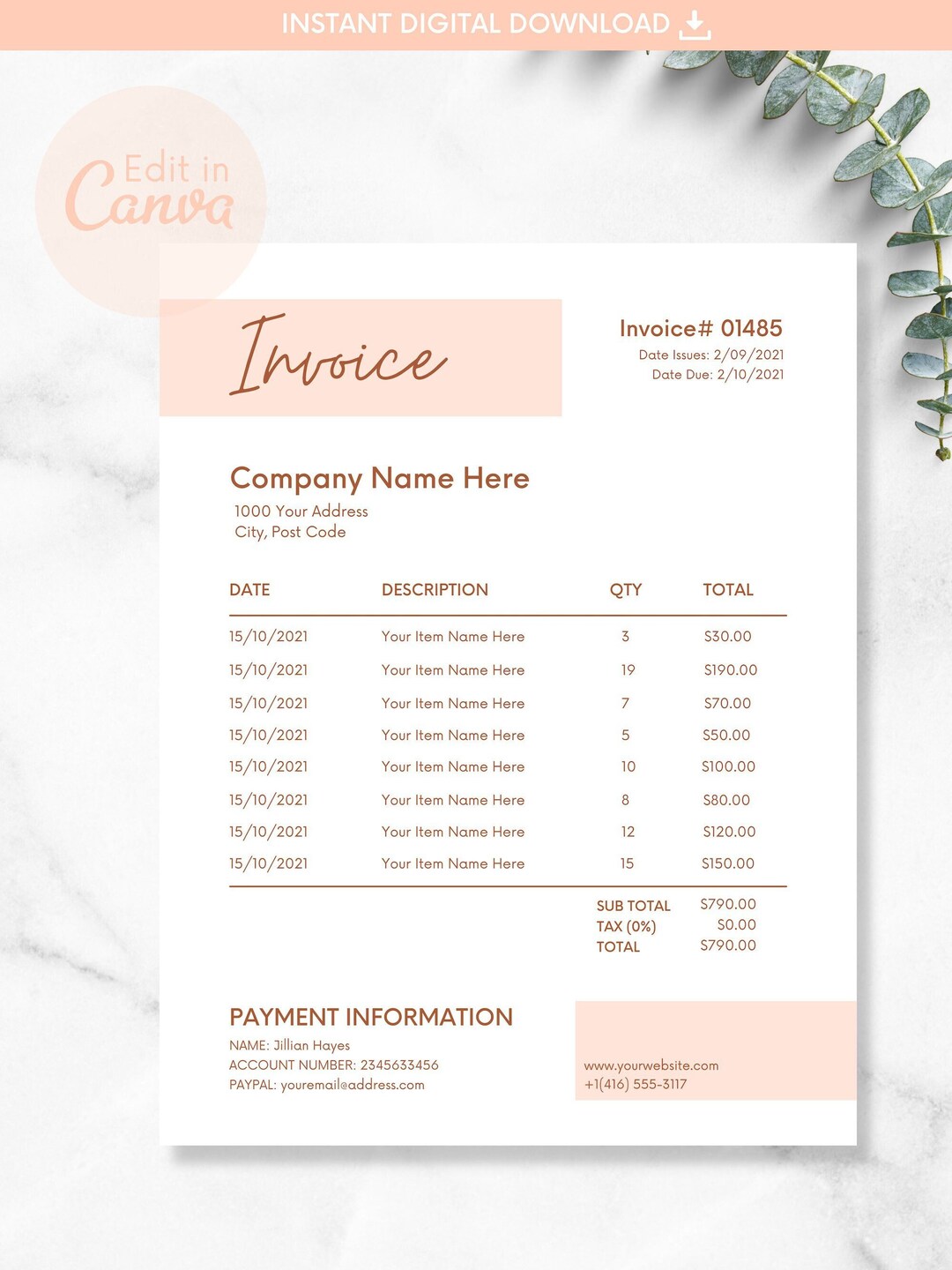 Invoice Template, Printable Invoice, Editable Invoice, Instant Download ...