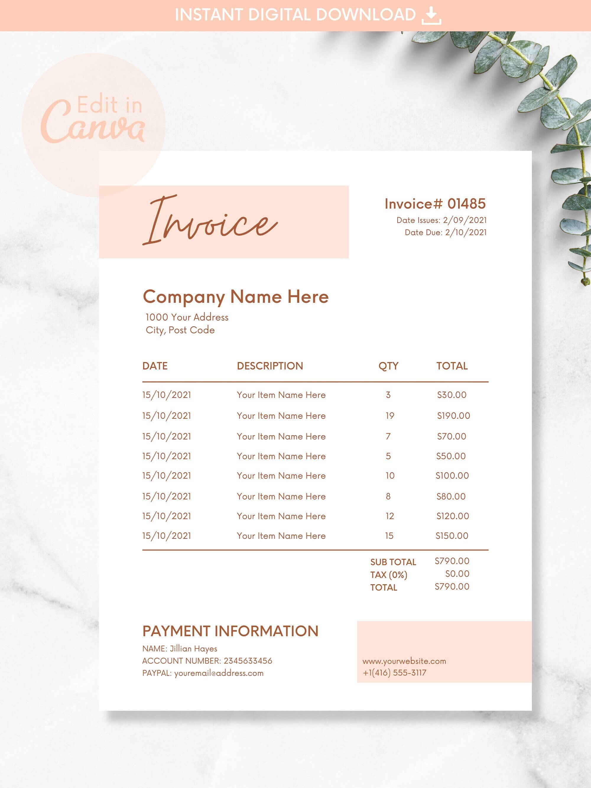Invoice Template Printable Invoice Editable Invoice Instant - Etsy