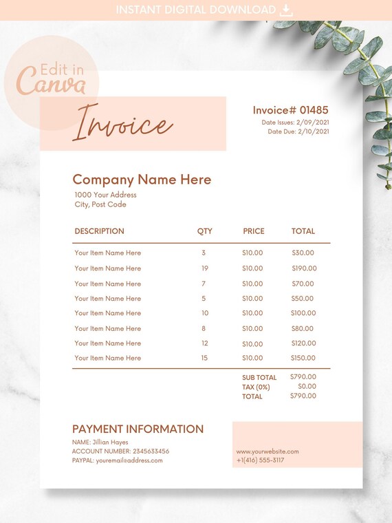 Invoice Template Printable Invoice Editable Invoice Instant - Etsy