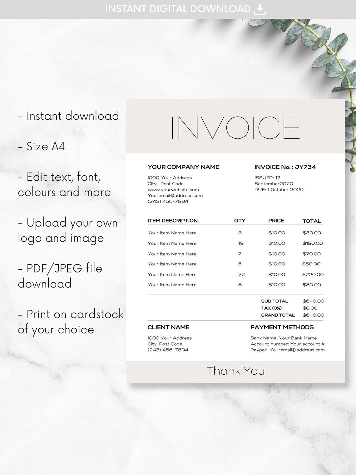 Invoice Template Printable Invoice Editable Invoice Instant - Etsy