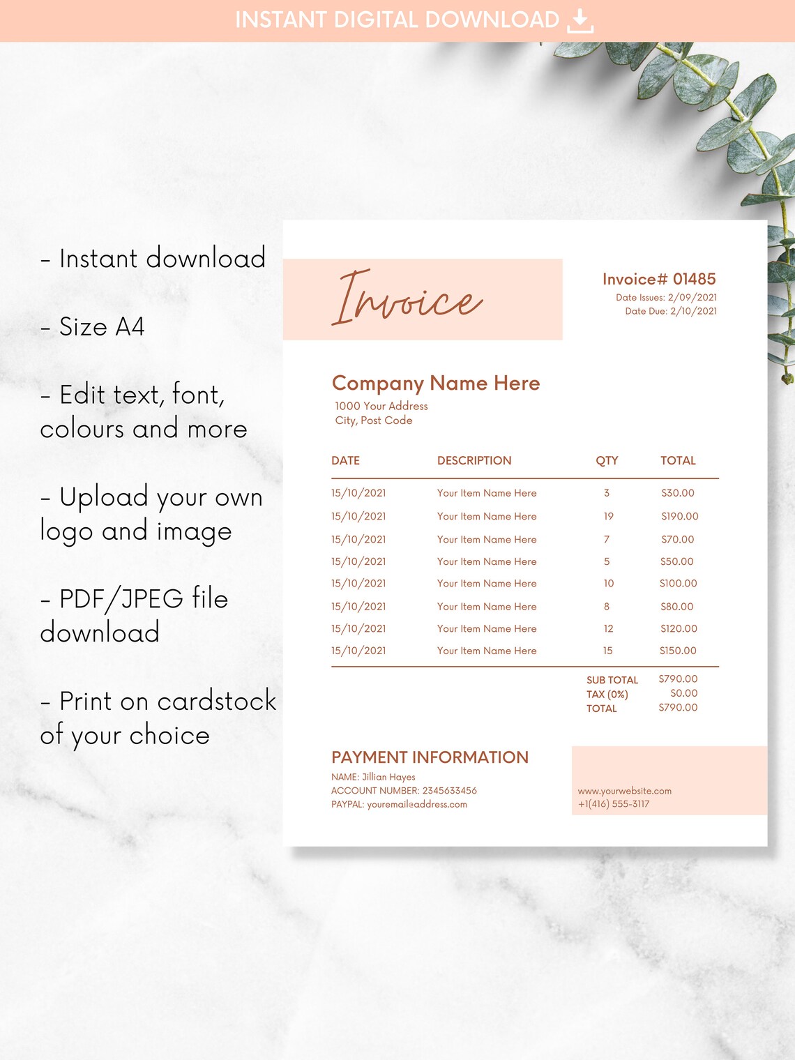 Invoice Template Printable Invoice Editable Invoice Instant - Etsy