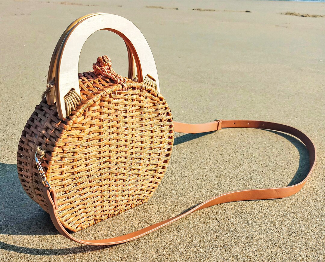 Summer Rattan Bag Round Crossbody Vegan Women, Wicker Round Bag Boho ...