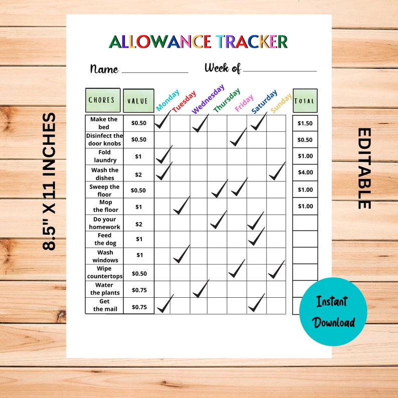Allowance Tracker for Kids, Allowance Chart, Reward Chart, Kids ...