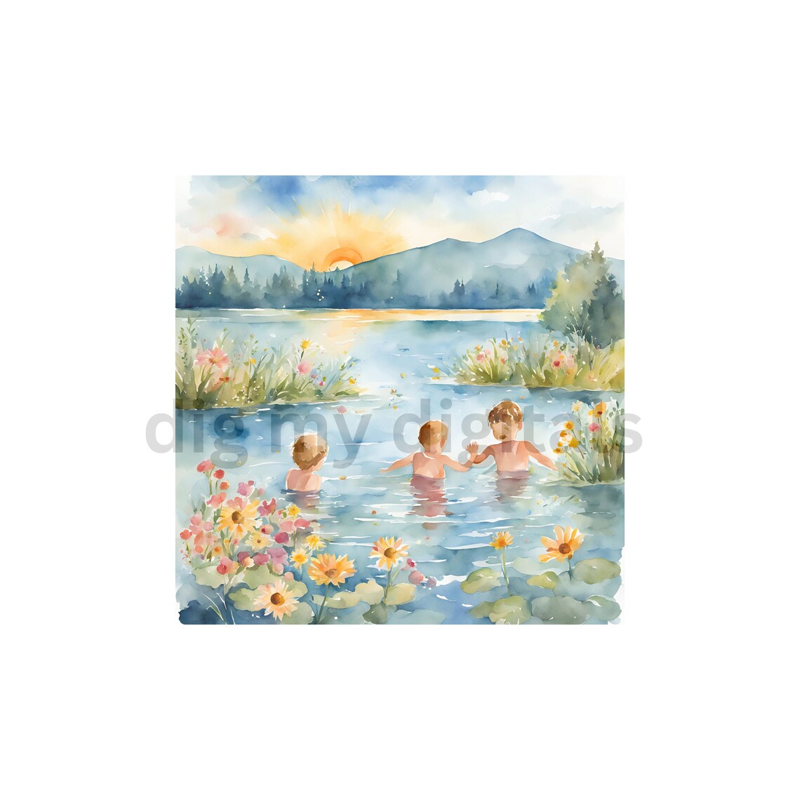 8 Children Swimming in Lake Clip Art, Printable Clipart, Jpg, Digital ...