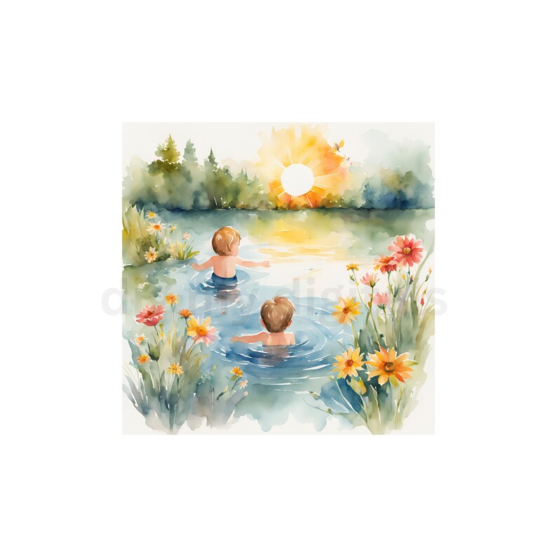 8 Children Swimming in Lake Clip Art, Printable Clipart, Jpg, Digital ...