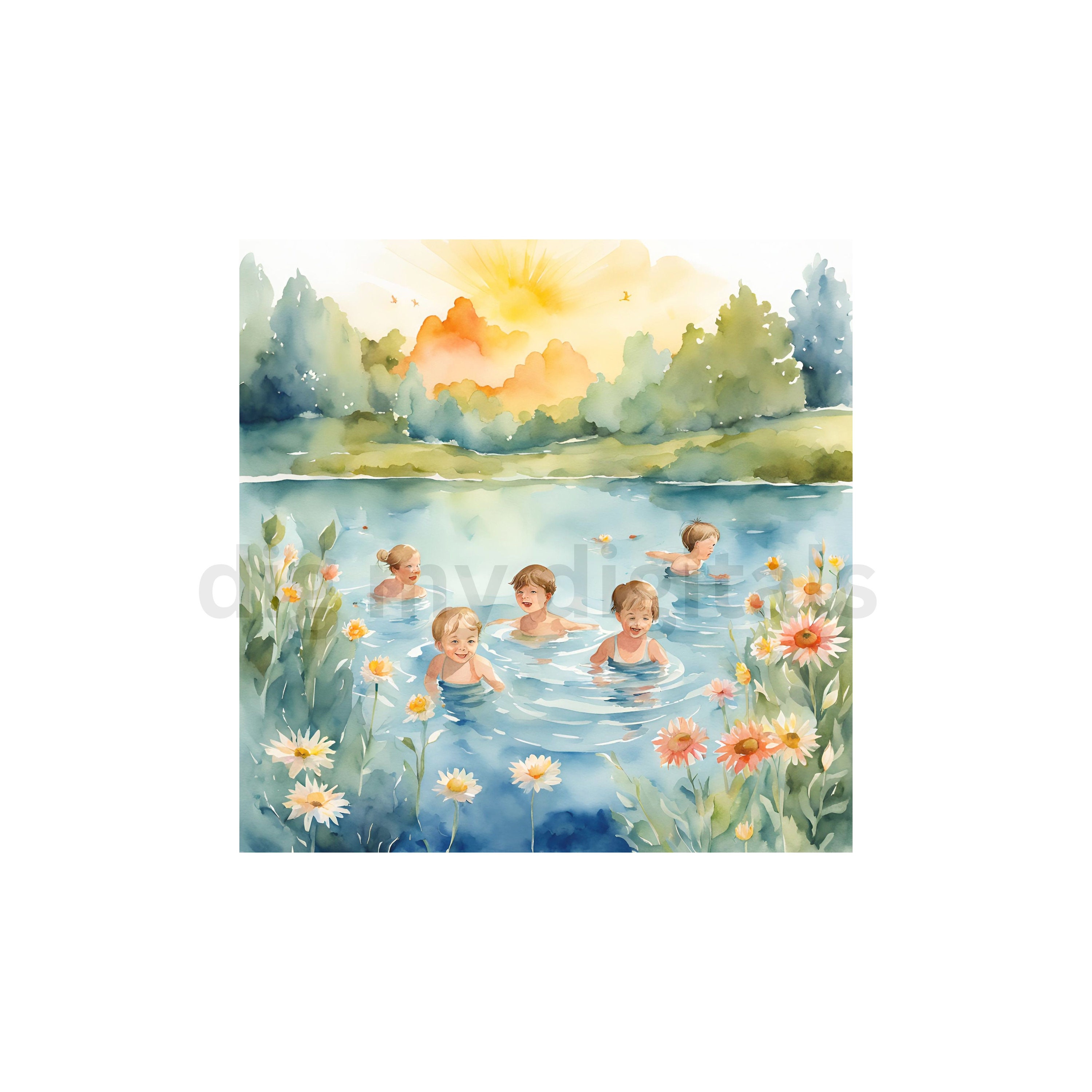 8 Children Swimming in Lake Clip Art, Printable Clipart, Jpg, Digital ...