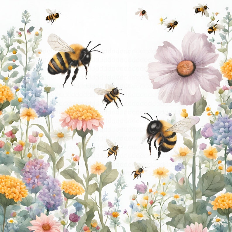 10 Flowers and Bees Clip Art, Printable Clipart, Jpg, Digital Download ...