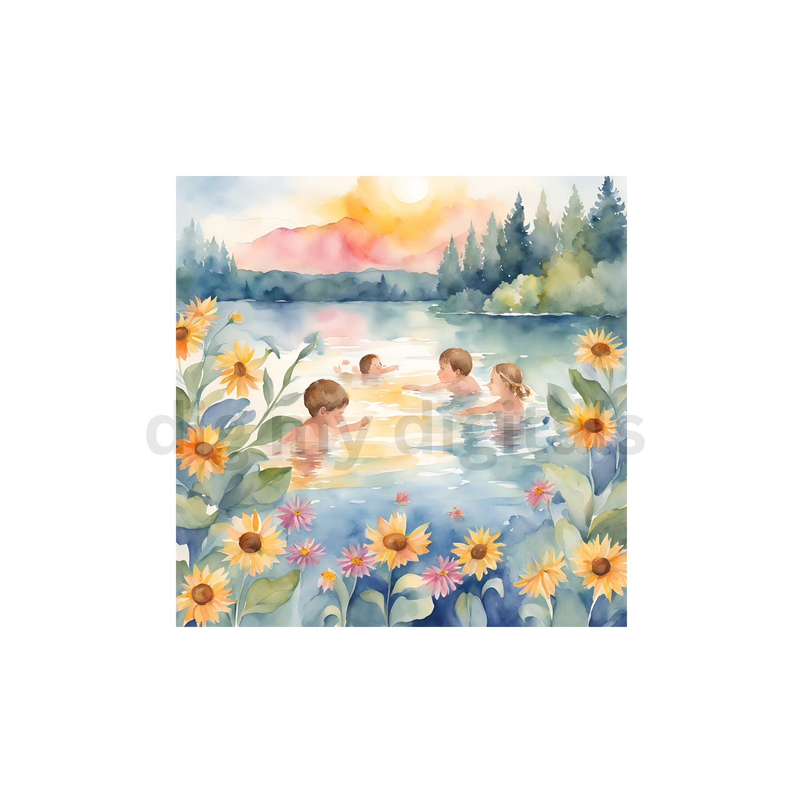 8 Children Swimming in Lake Clip Art, Printable Clipart, Jpg, Digital ...