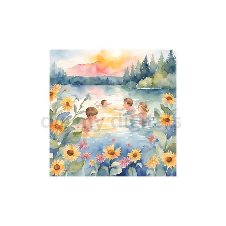 8 Children Swimming in Lake Clip Art, Printable Clipart, Jpg, Digital ...