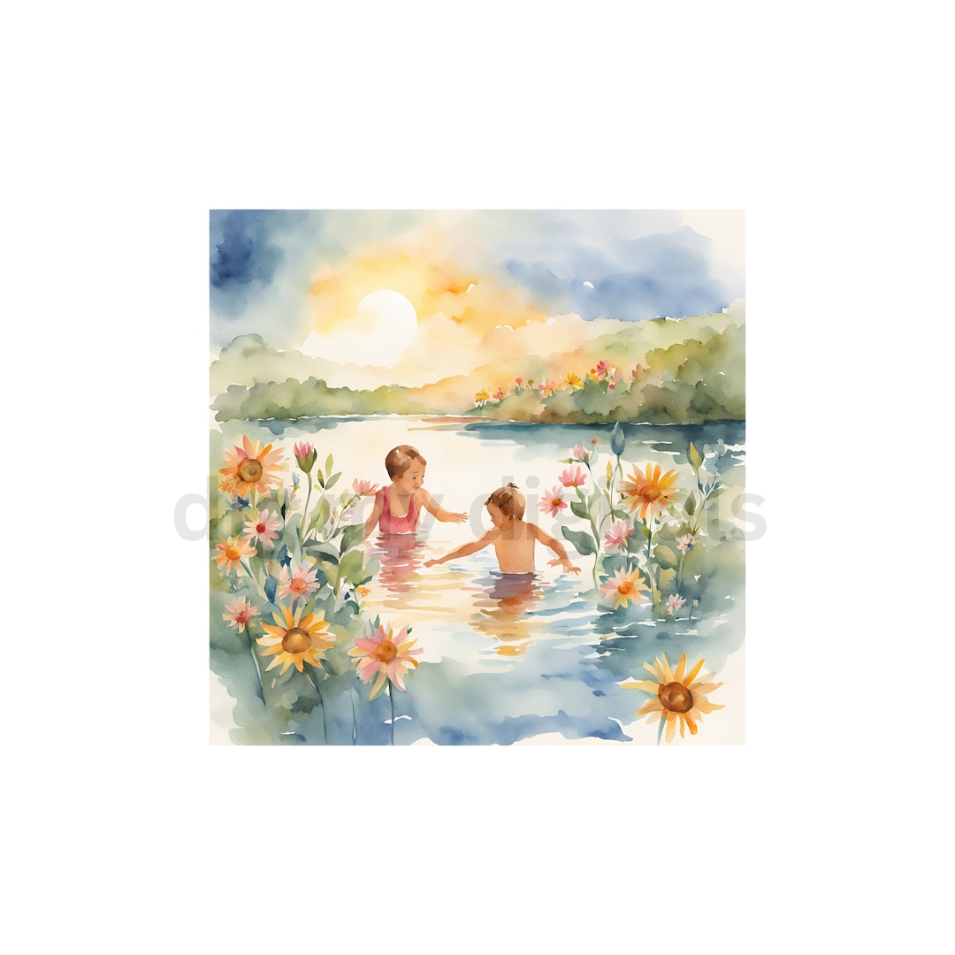 8 Children Swimming in Lake Clip Art, Printable Clipart, Jpg, Digital ...