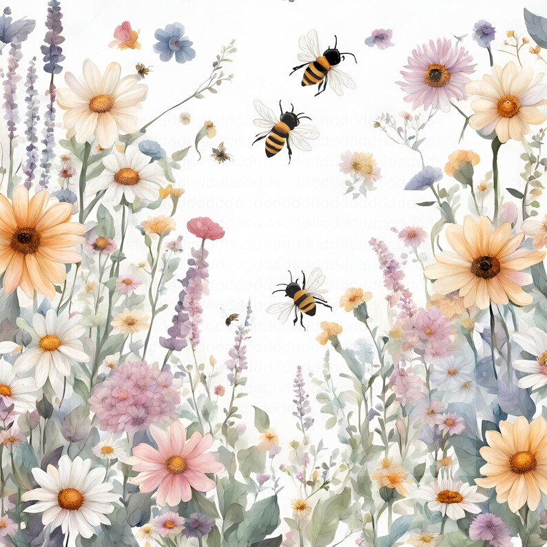 10 Flowers and Bees Clip Art, Printable Clipart, Jpg, Digital Download ...