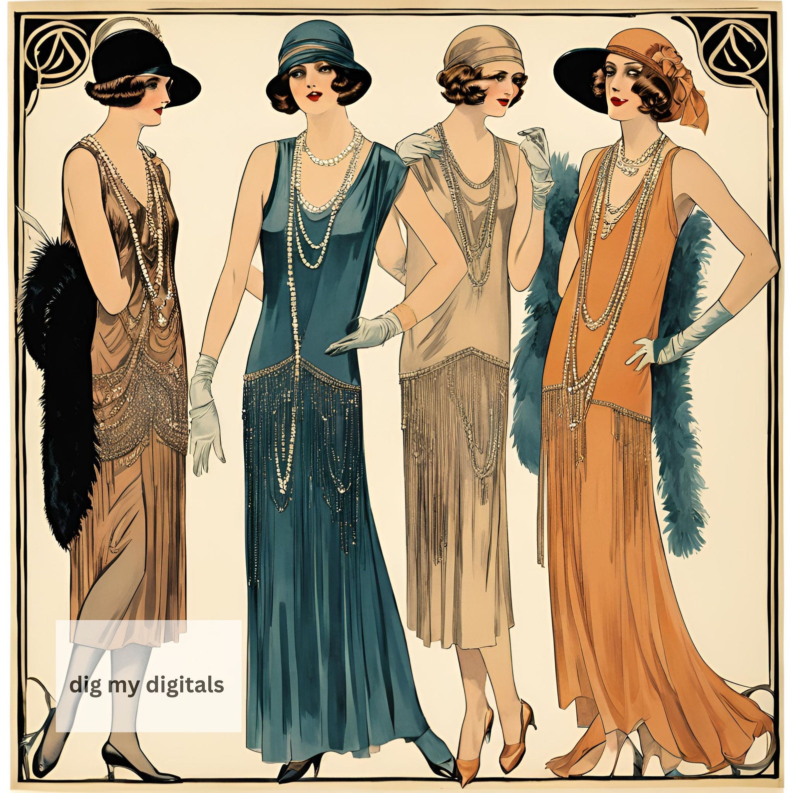 8 1920s Flapper Fashion, Clip Art, Printable Clipart, Jpg, Digital ...