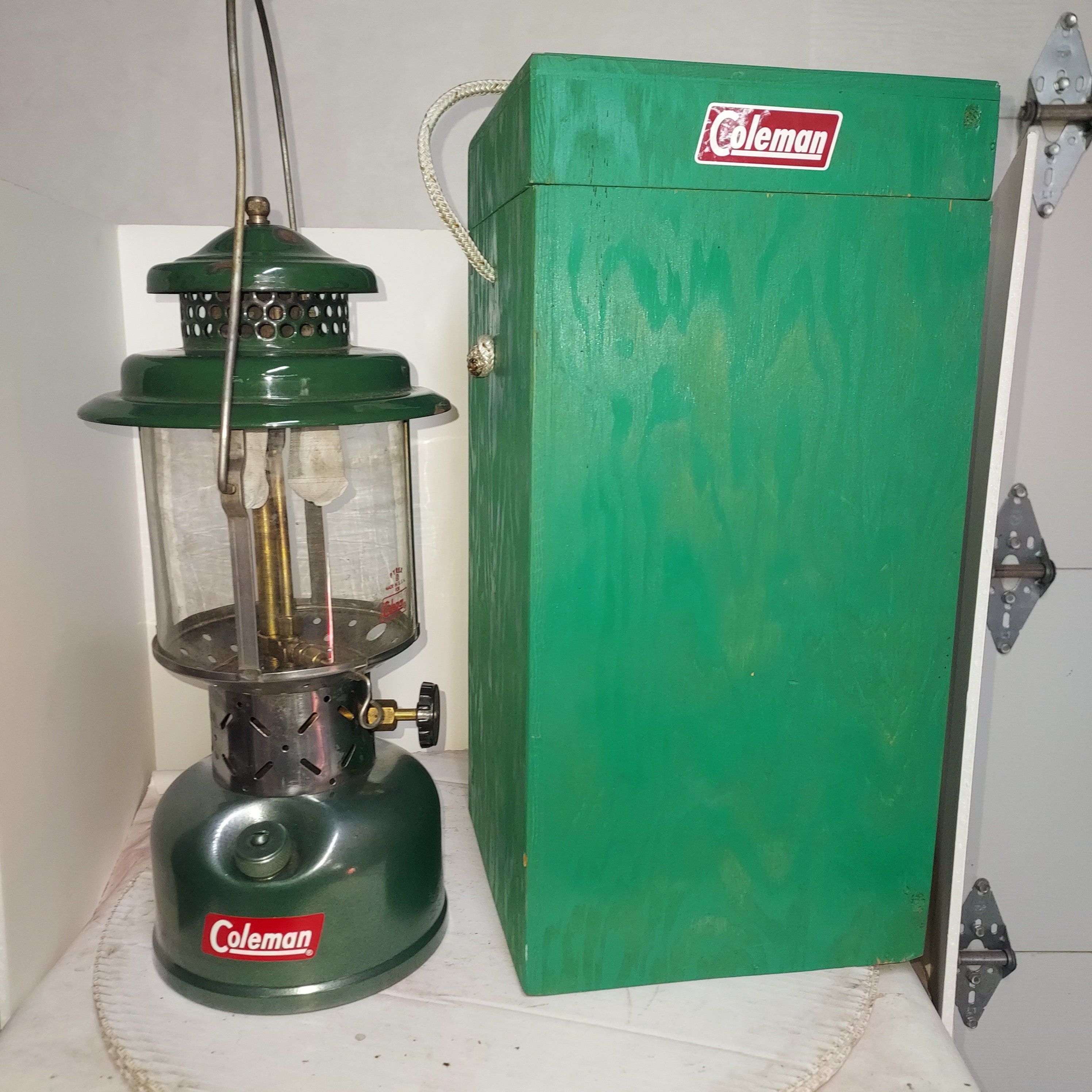 Custom Coleman Lantern and Wooden Case. Metallic Green Double Mantle ...