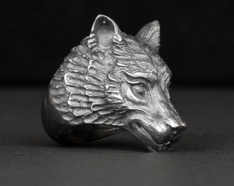 Signet Men Wolf Ring, Silver Wolf Head Ring, Wild Wolf Men Rings, Wolf Oxidized Ring, Men Animal ...