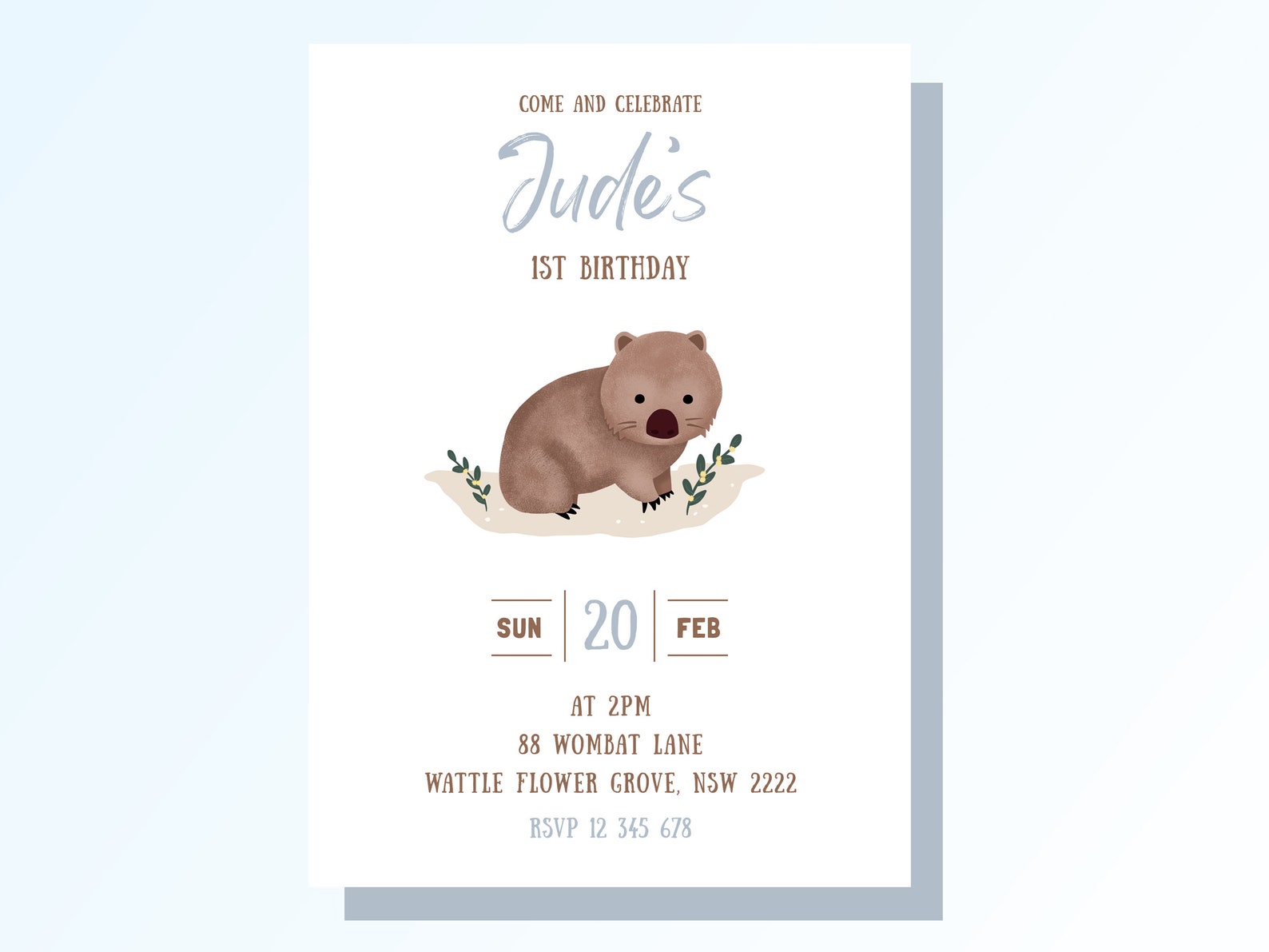 WOMBAT Birthday Invitation Digital Invitation Printable Baby Boy ...