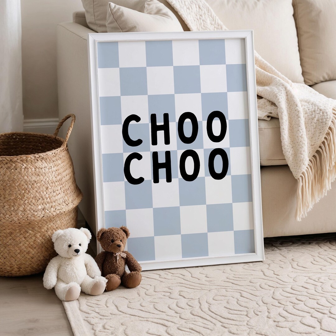 CHOO CHOO Train Print for Boys Bedroom | Blue Check Locomotive Steam ...