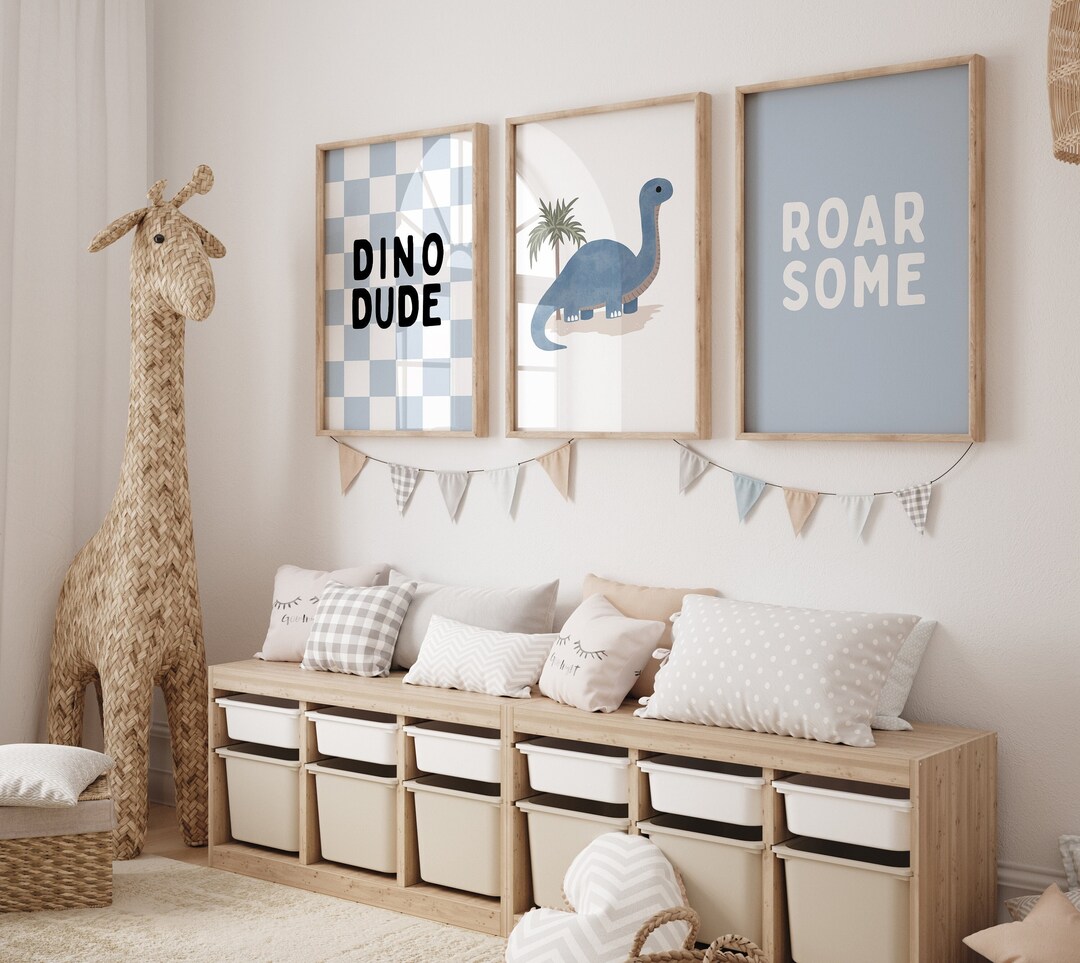 DINOSAUR Prints | Set of 3 Printable Dinosaur Posters | Blue Check Dino ...