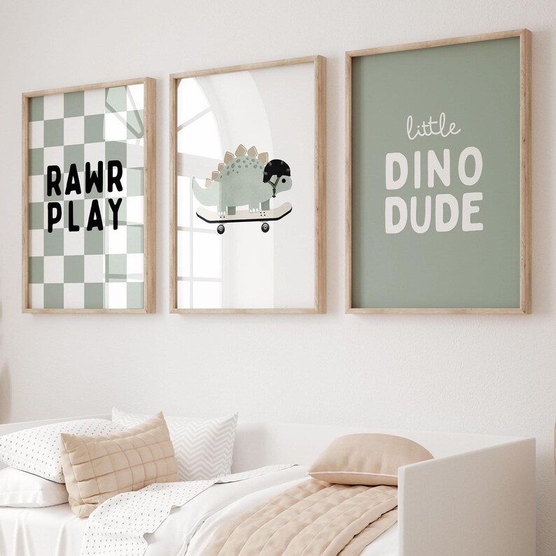 DINOSAUR Prints | Set of 3 Printable Dinosaur Posters | Sage Check ...
