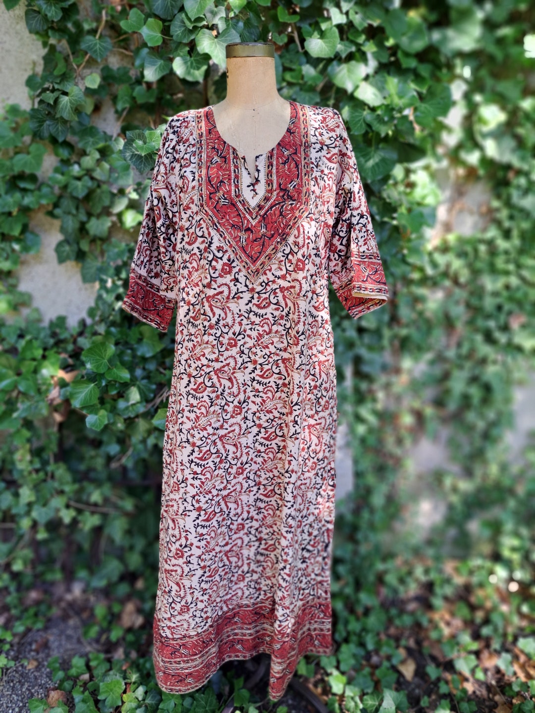 Vintage Kaftan Bohemian Maxi Dress Cotton Batik Loungewear Nightgown ...