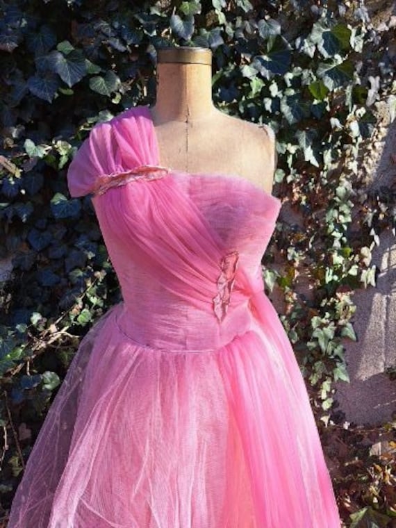 1950s Prom Dress Full Length Pink Tulle Strapless For… - Gem
