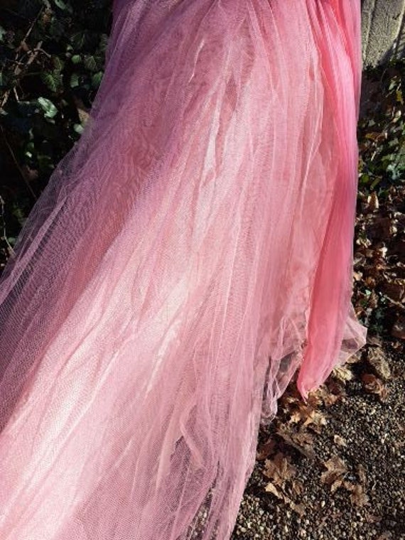1950s Prom Dress Full Length Pink Tulle Strapless For… - Gem