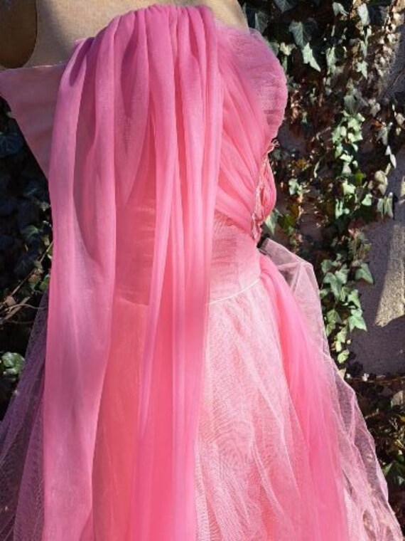 1950s Prom Dress Full Length Pink Tulle Strapless For… - Gem