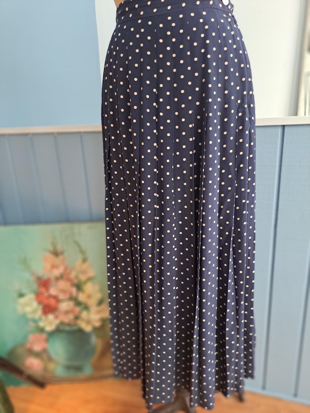Vintage J. Peterman Silk Maxi Skirt: Navy Blue Polka Dot, Pleated (size ...