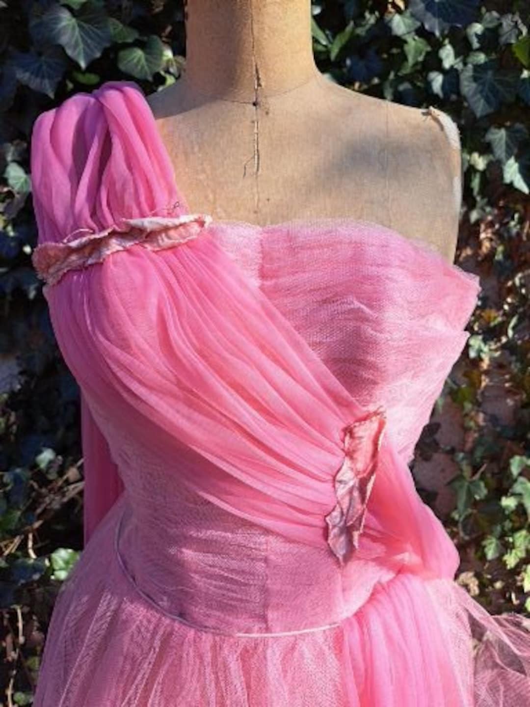 1950s Prom Dress Full Length Pink Tulle Strapless Formal Gown Boho ...