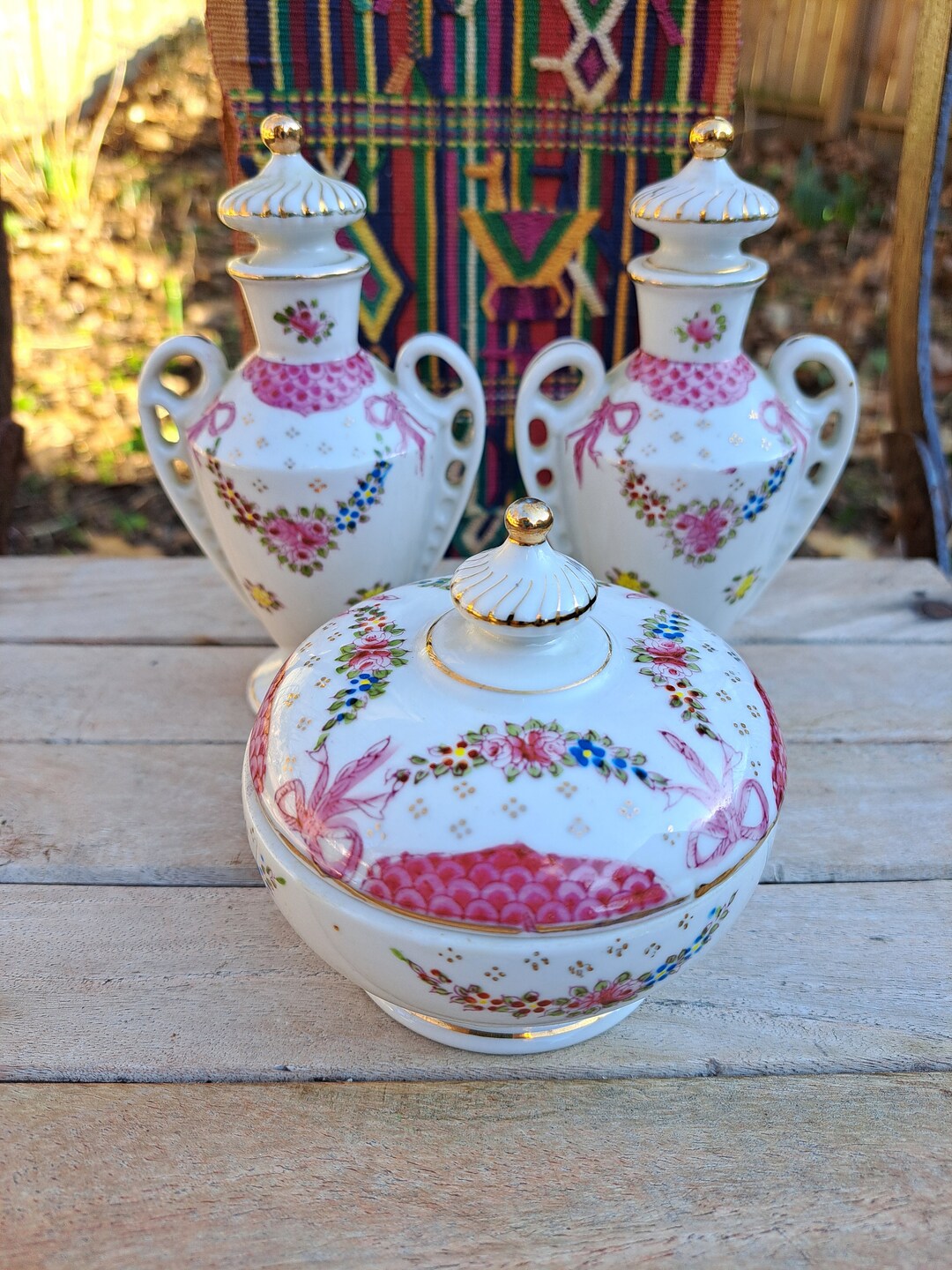 Dresser Set Vintage Round Porcelain Powder Box and 2 Perfume Bottles ...